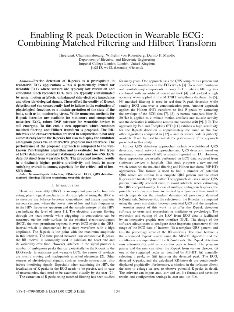 Enabling R-Peak Detection in Wearable ECG - Combining Matched Filtering and Hilbert Transform ...