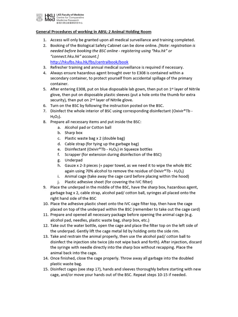 General Procedures of Working in ABSL-2 Animal Holding Room | PDF | Waste
