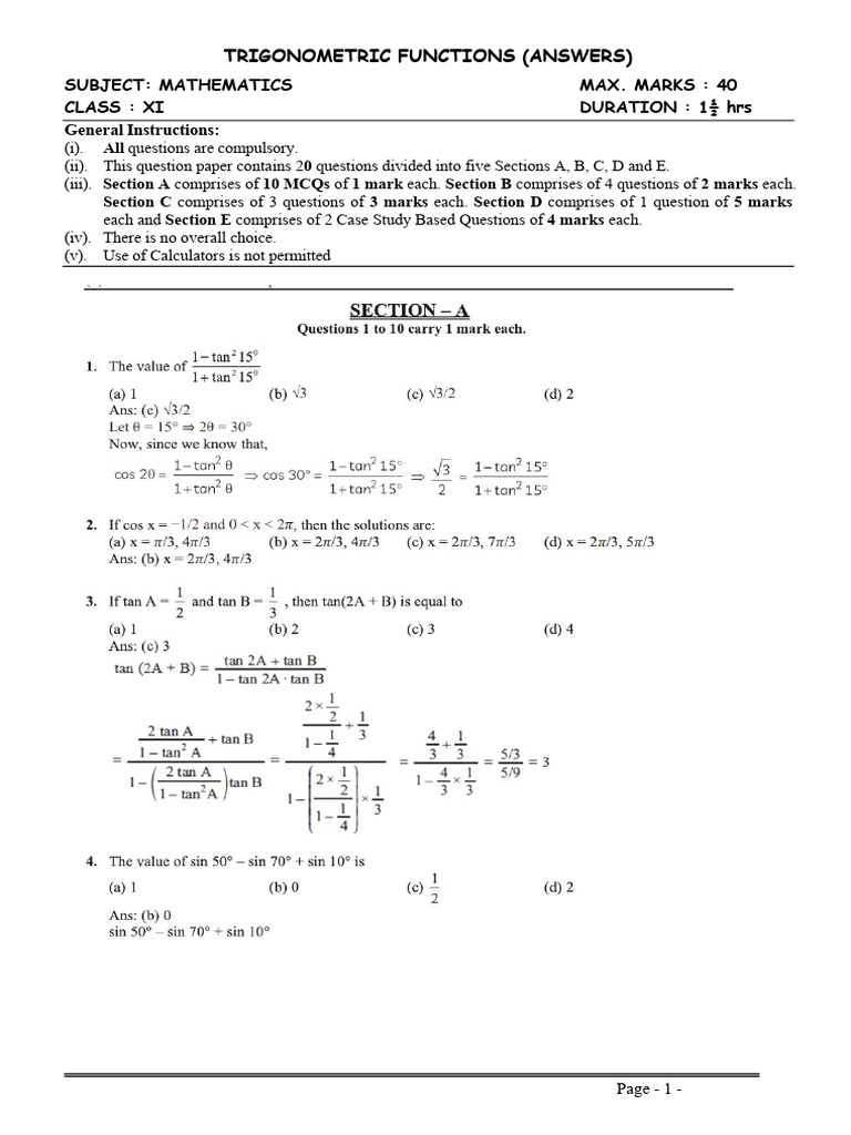 Maths Class Xi Chapter 03 Trigonometric Functions Practice Paper 03 ...
