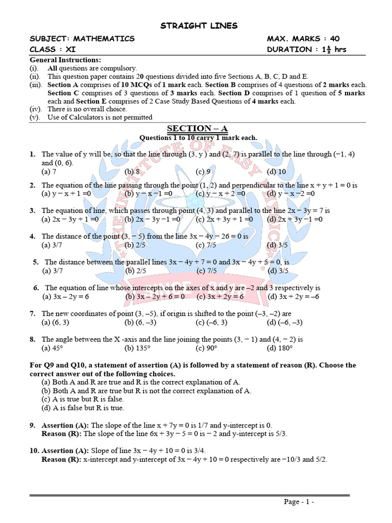 Maths Class Xi Chapter 09 Straight Lines Practice Paper 10 2024 | PDF ...