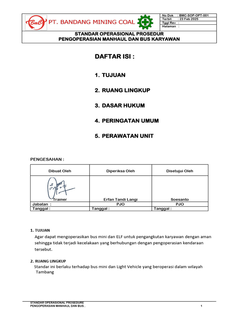 SOP Pengoperasian Bus Karyawan | PDF