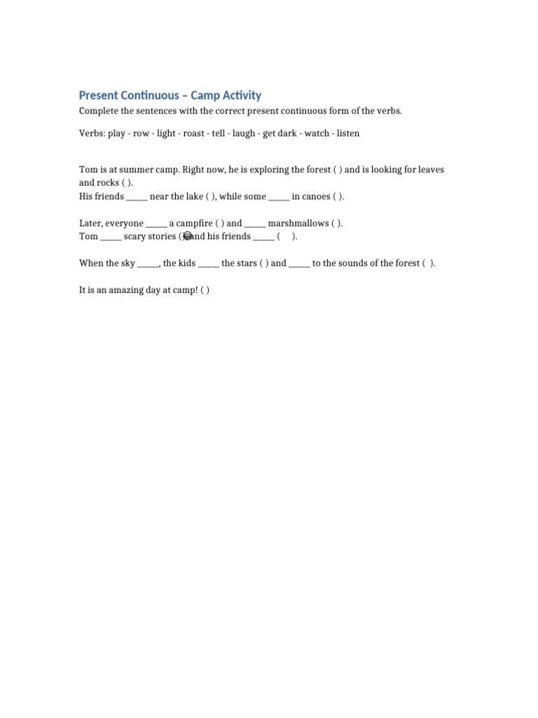 Present Continuous Camp Activities | PDF