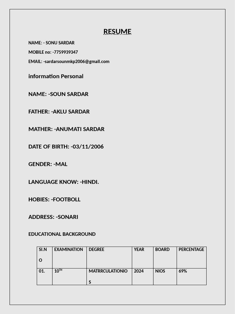 Sonu Sardar's Educational Resume | PDF