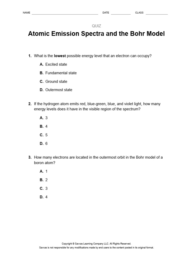 Editable Quiz PDF - Atomic Emission Spectra and The Bohr Model | PDF ...