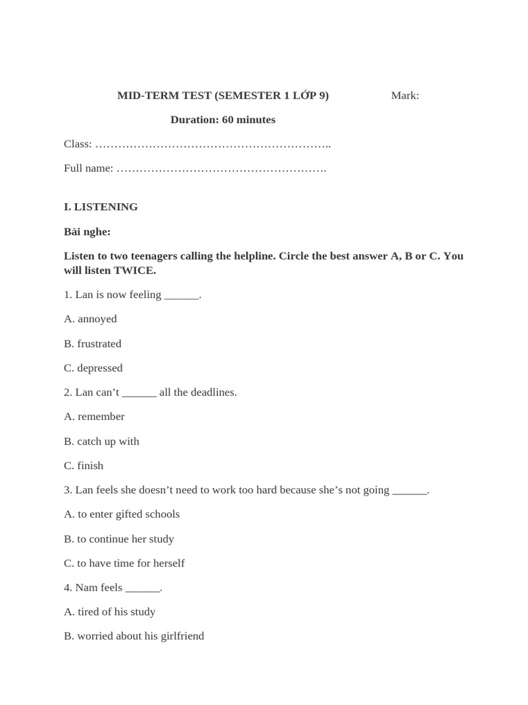 ĐỀ ÔN LỚP 9 GK1 | PDF | Smoking