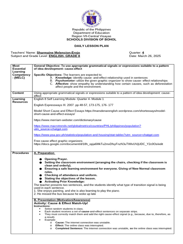 Grade 8 English Cause-Effect Lesson Plan | PDF | Learning | Lesson Plan