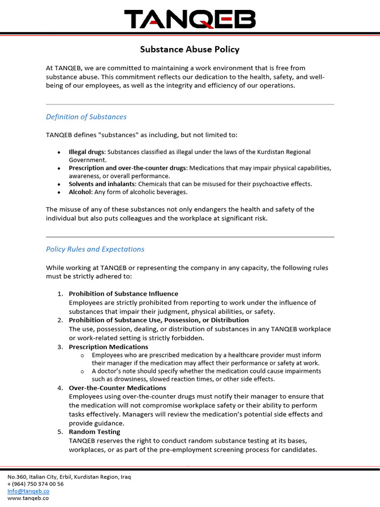 TANQEB Substance Abuse Policy Overview | PDF | Substance Abuse | Drugs