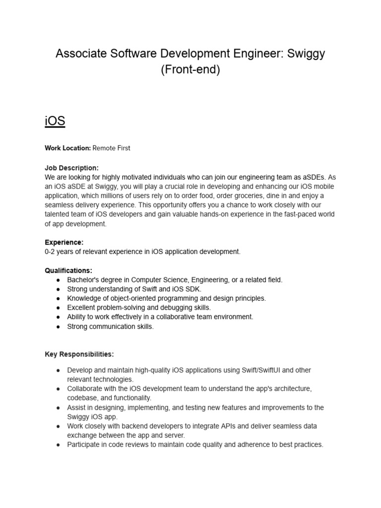 Job Description Swiggy aSDE - Front End | PDF | Software Development | Web Development