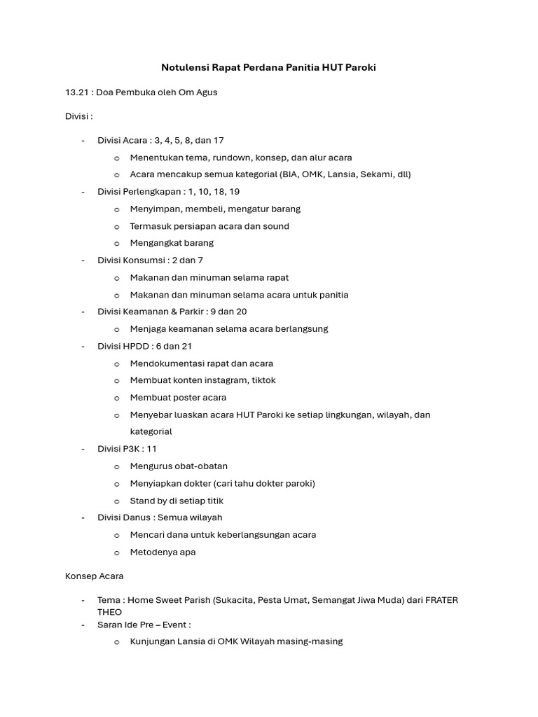 Notulensi Rapat Perdana Panitia HUT Paroki | PDF