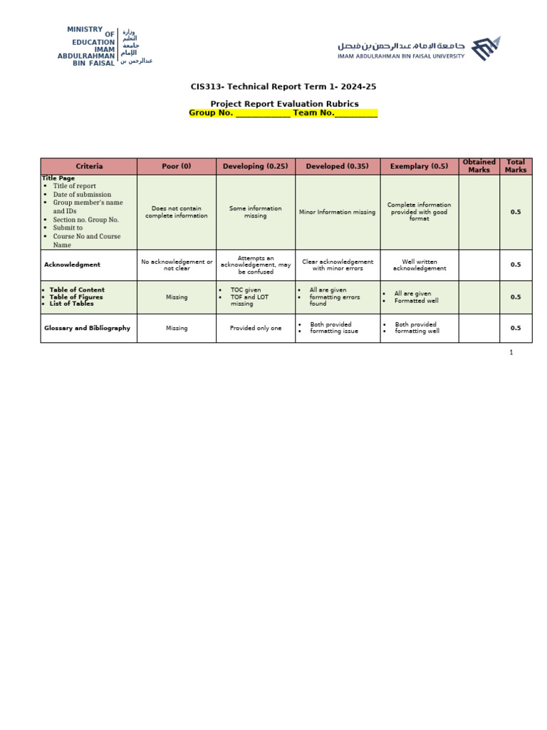 Project Report Evaluation Rubrics- team No_ | PDF | Grammar | Human Communication