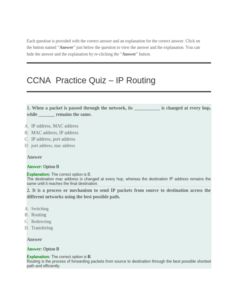 Each Question Is Provided With The Correct Answer and An Explanation | PDF | Routing | Internet ...