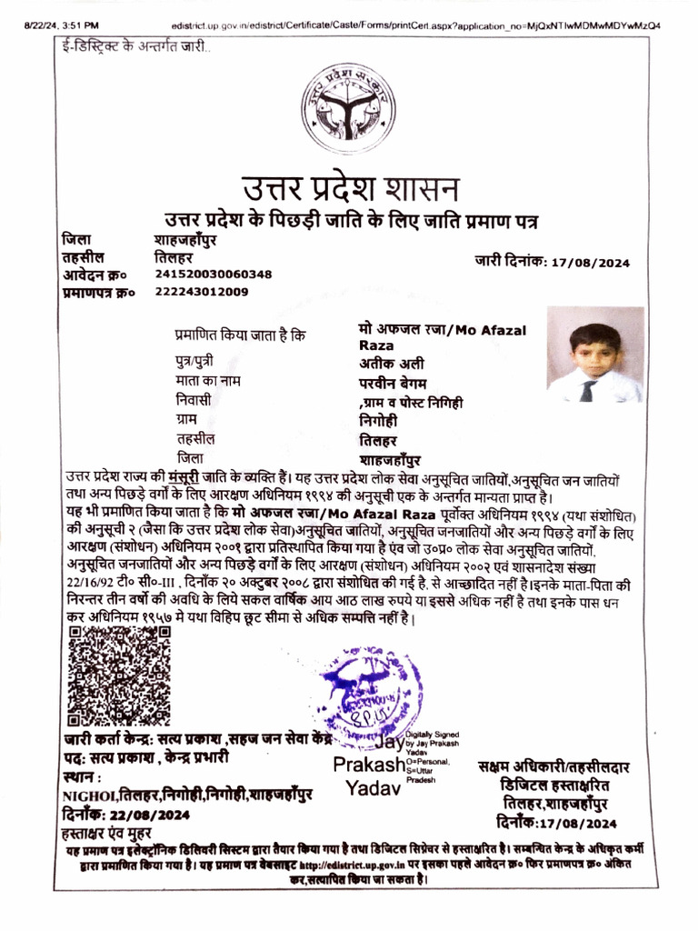 Caste Certificate Application Details | PDF