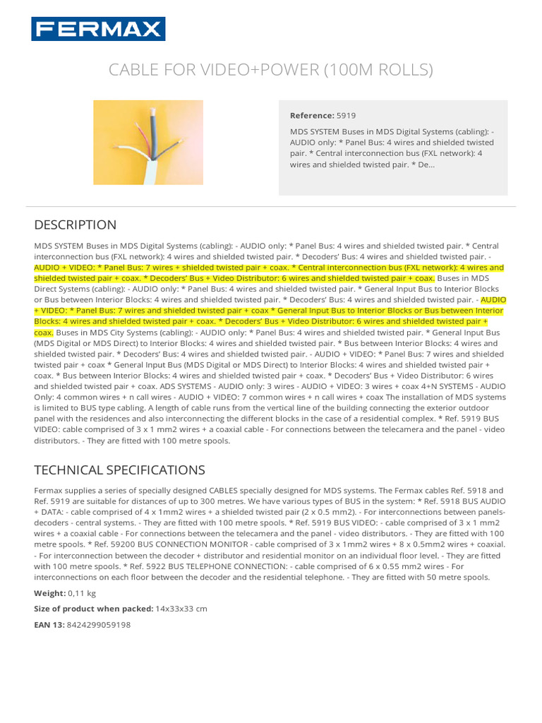 Cable For Videopower 100m Rolls | PDF | Coaxial Cable | Wire