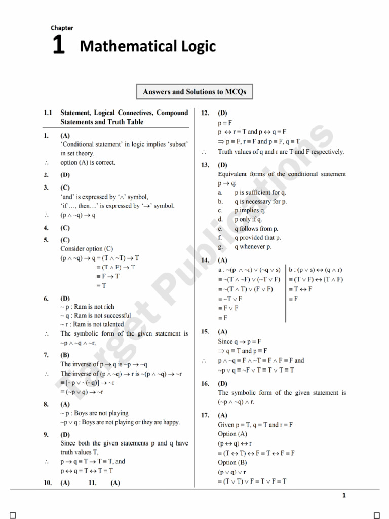 MHT-CET PSP - Maths - Solutions to the Relevant Questions of the Chapter Mathematical Logic | PDF