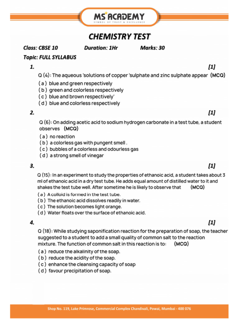 CBSE 10 Chemistry Full Syllabus Test | PDF