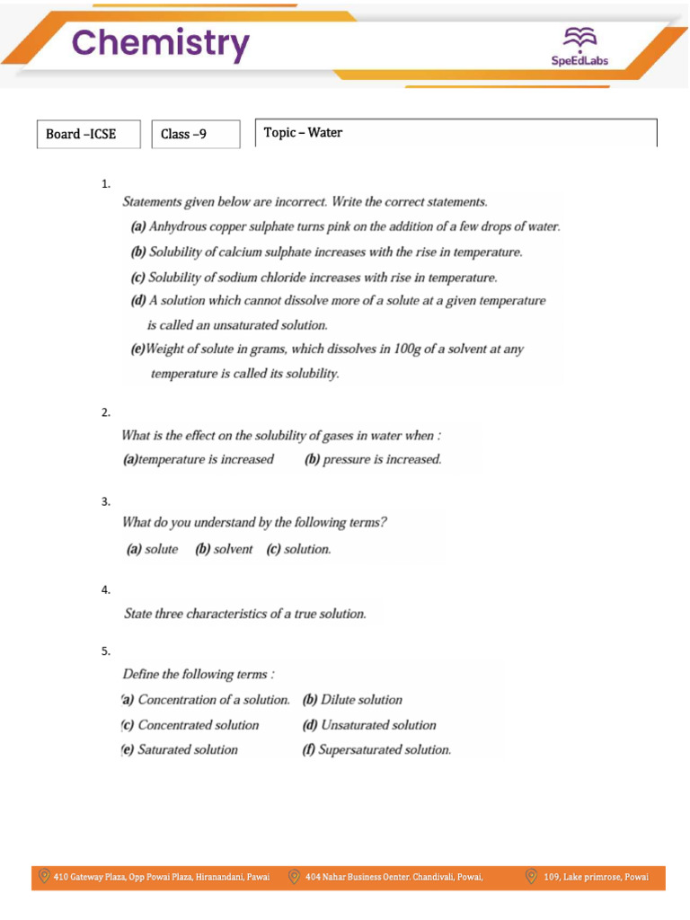 ICSE Class 9 Water Worksheet PDF | PDF