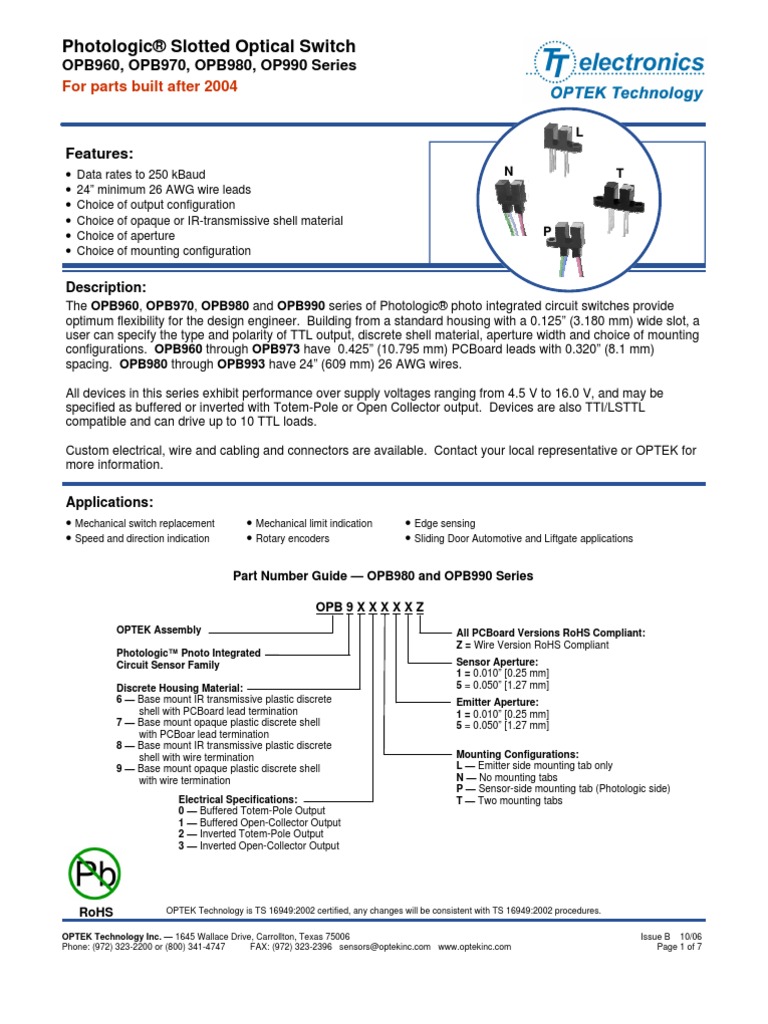 OPB990T51Z TT Datasheet 163160 | PDF | Switch | Diode