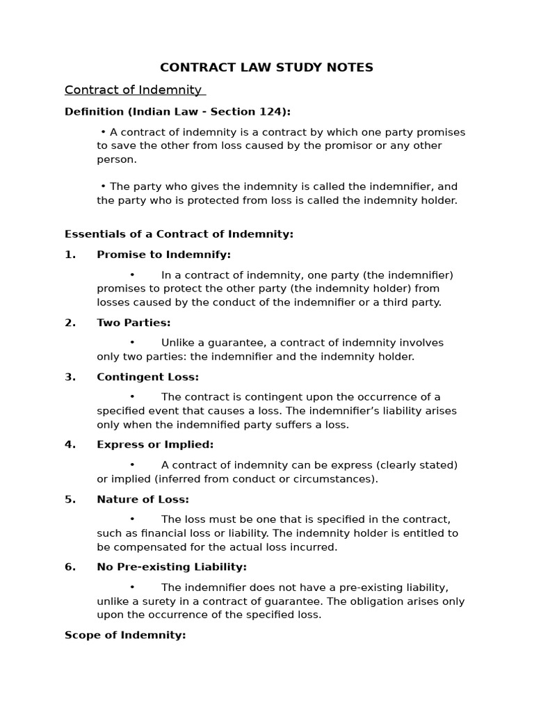 CONTRACT LAW STUDY NOTES | PDF | Guarantee | Indemnity