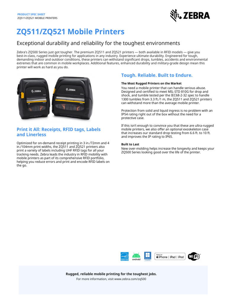 zq511 zq521 Spec Sheet en GB | PDF | Barcode | Battery Charger