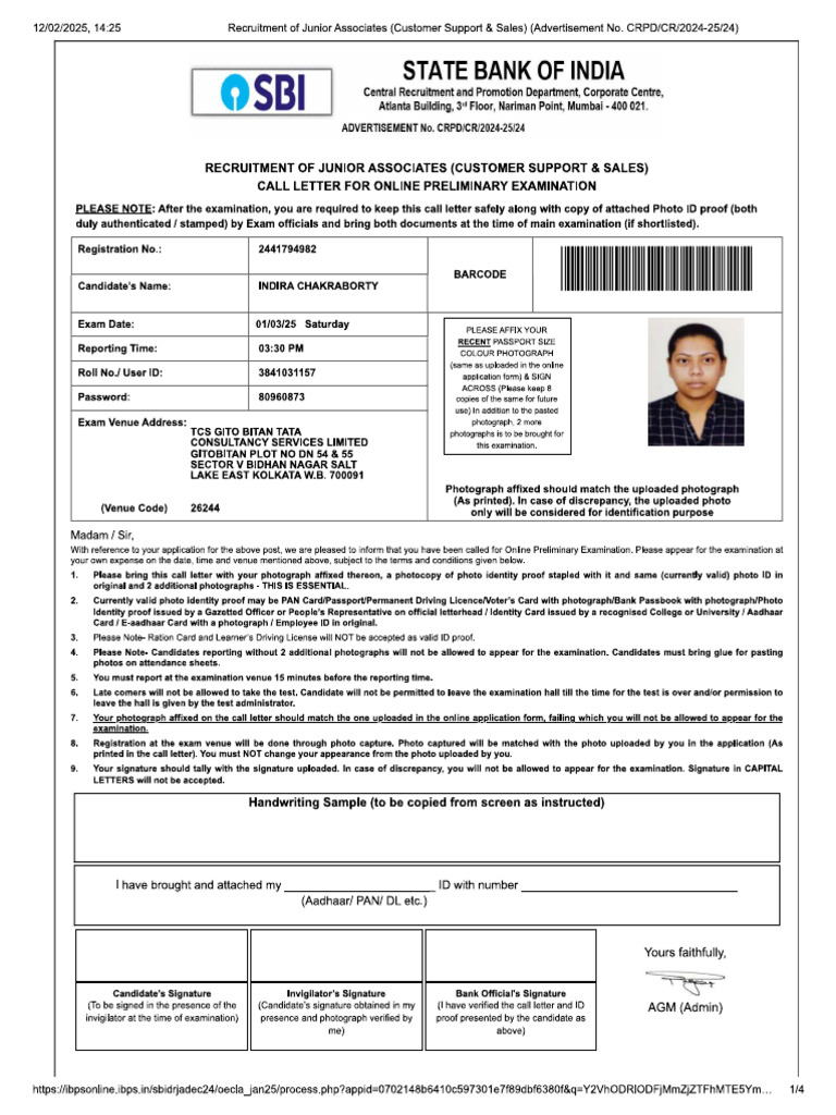 Sbi Clerkship 2025 Admit Indira | PDF