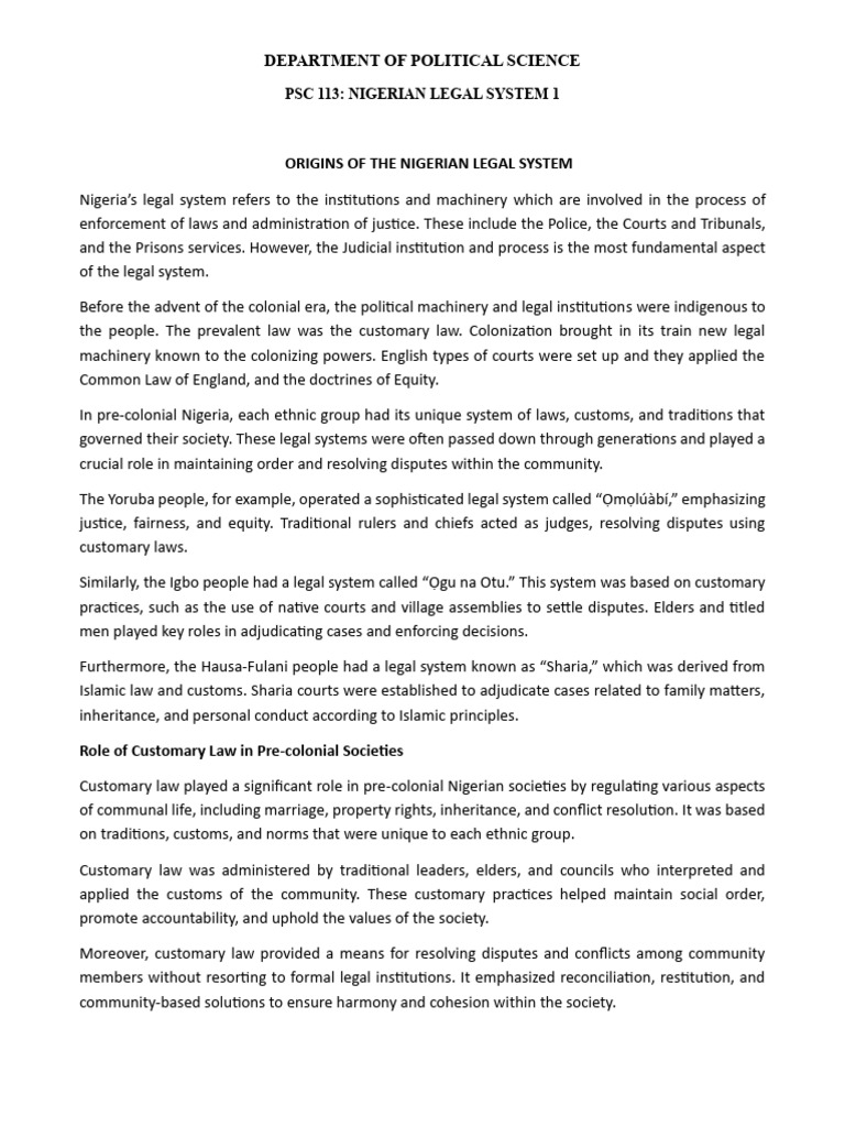 Note 1 Origins of Nigerian Legal System | PDF | Nigeria | Common Law