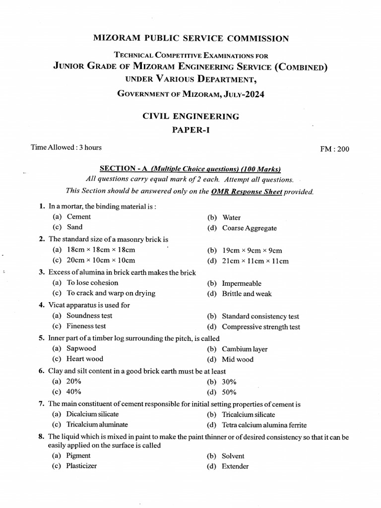 Jrgrade of Mes Combined July 2024 Civil Engg Paper I | PDF