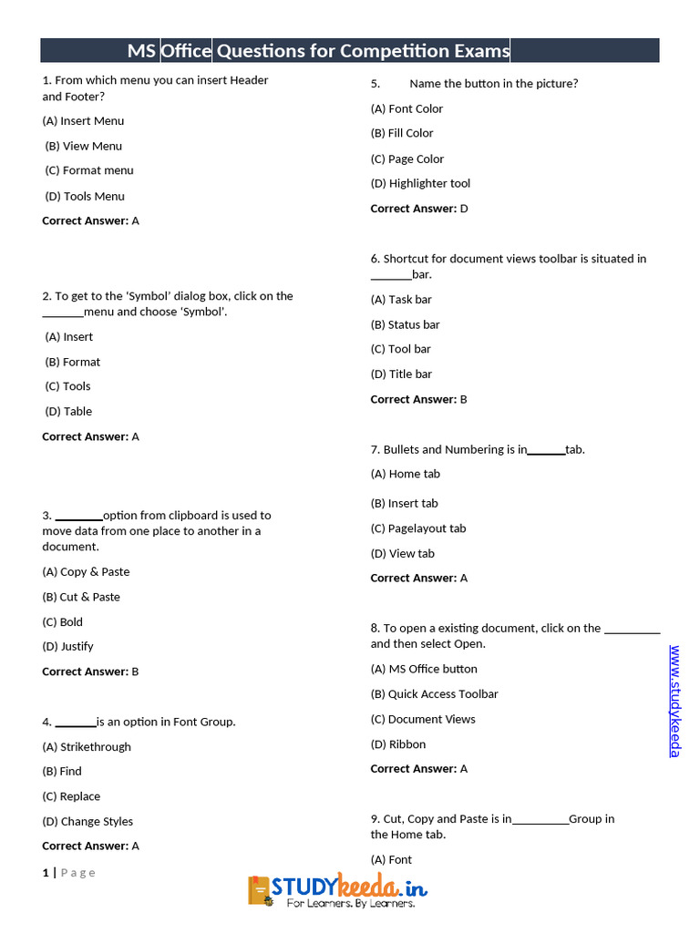 MS Office Questions For Competition Exams: Correct Answer: Correct ...