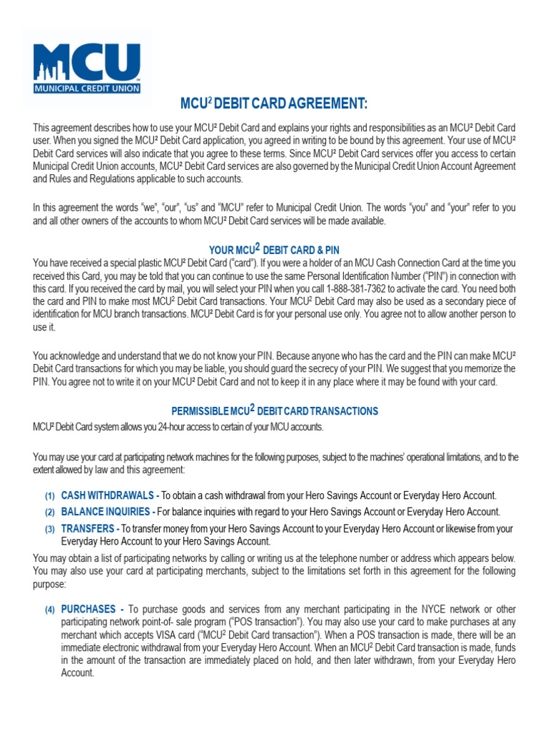 Mcu2 Debit Card Agreement | PDF | Debit Card | Automated Teller Machine
