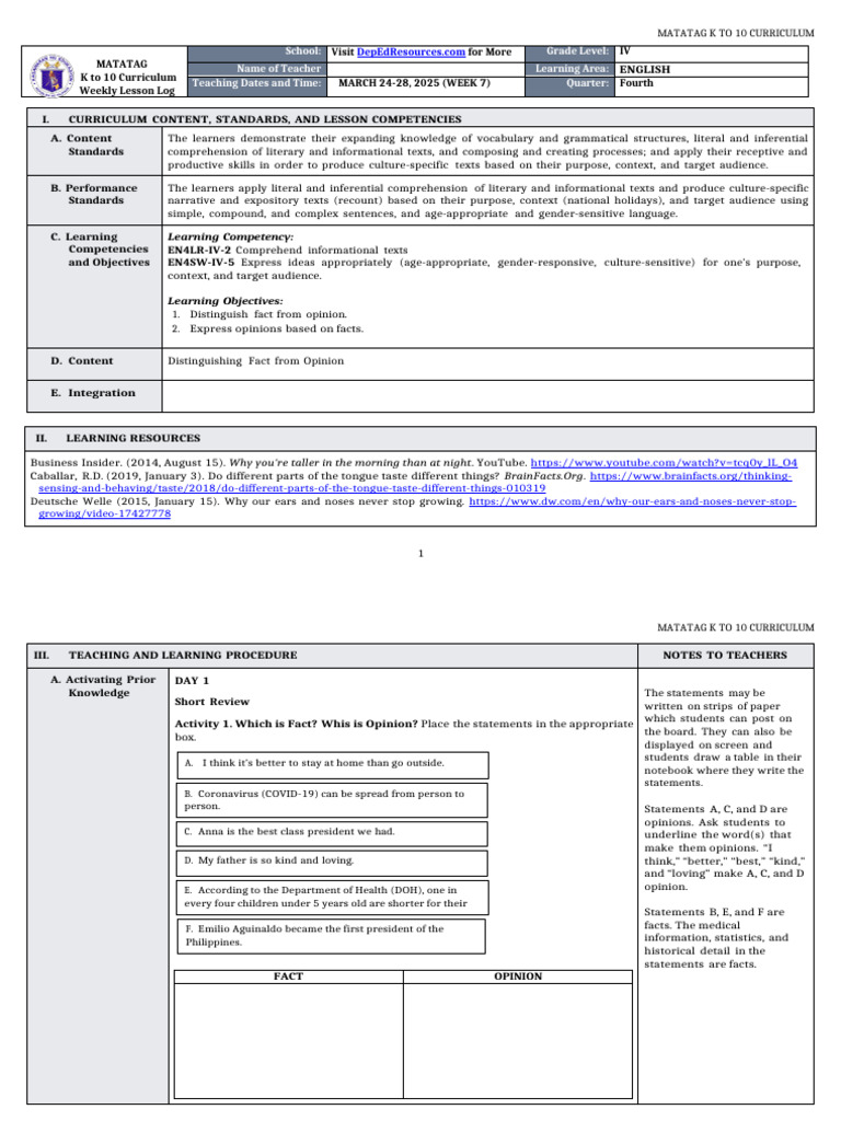 DLL Matatag - English 4 q4 w7 | PDF | Reading Comprehension | Learning