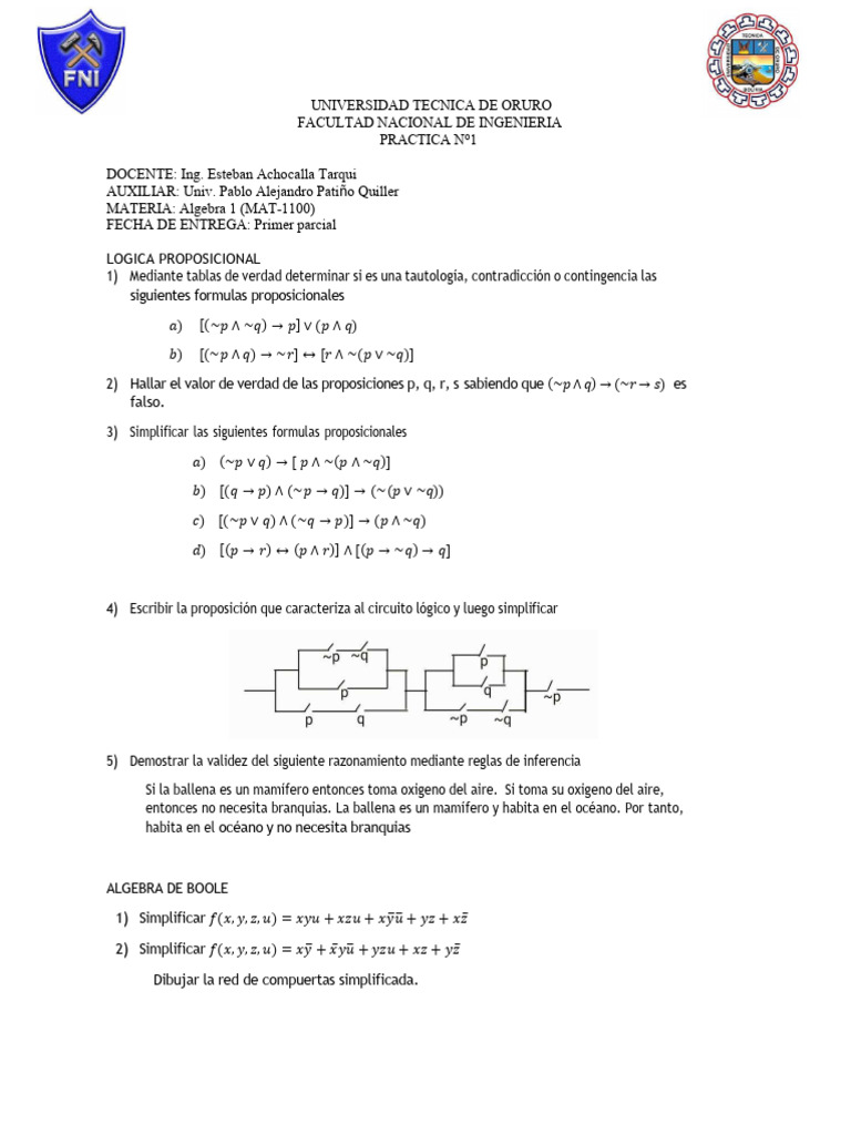 PRACTICA MAT 1100 1 25 | PDF | Proposición | Lógica