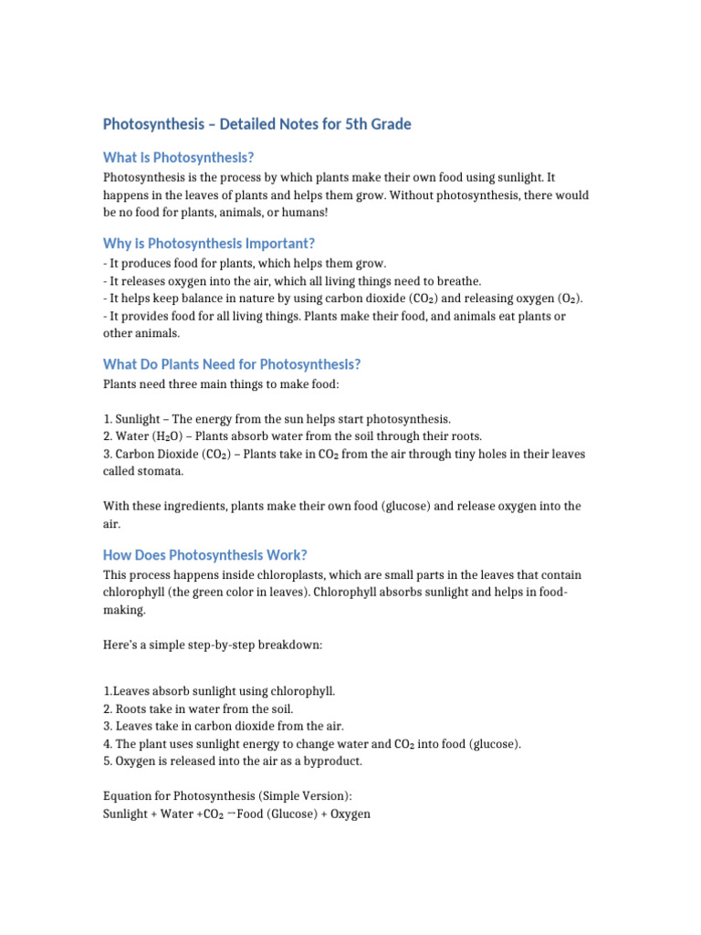 Photosynthesis 5th Grade Notes | PDF | Photosynthesis | Plants