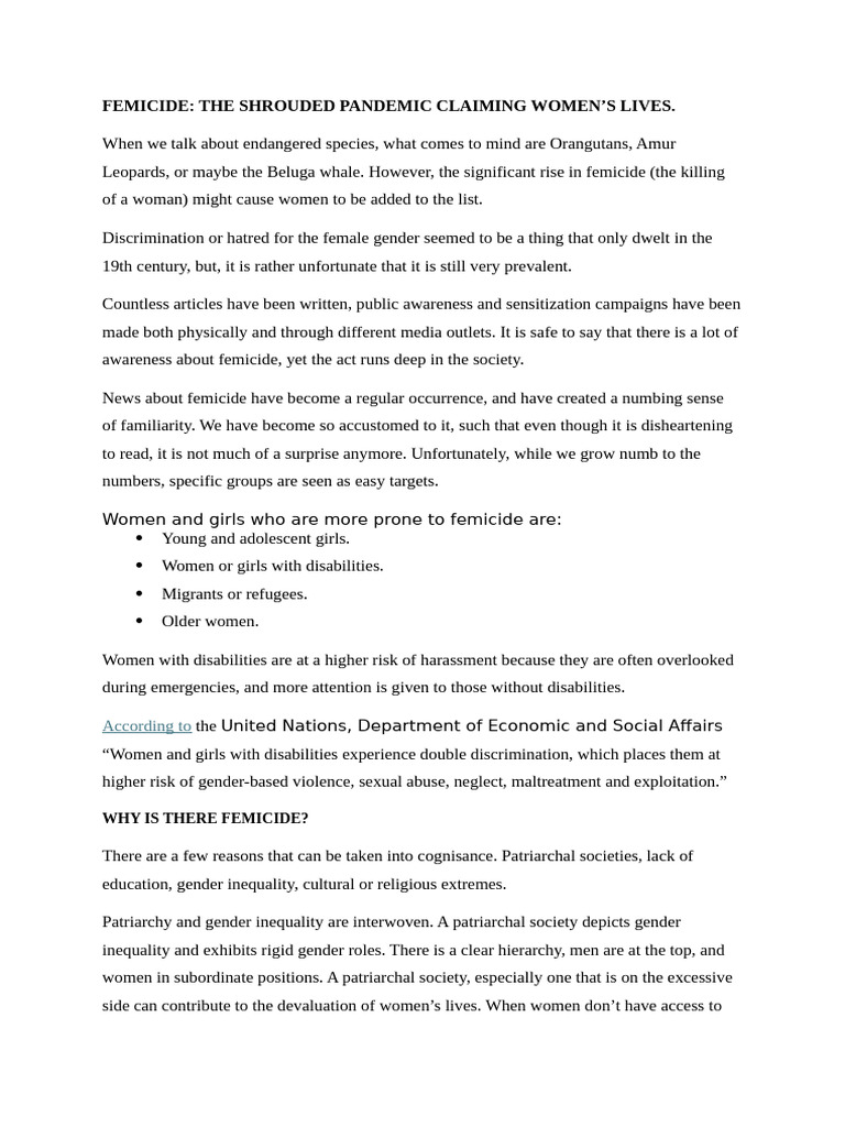 Femicide: The Shrouded Pandemic Claiming Women's Lives | PDF | Violence ...