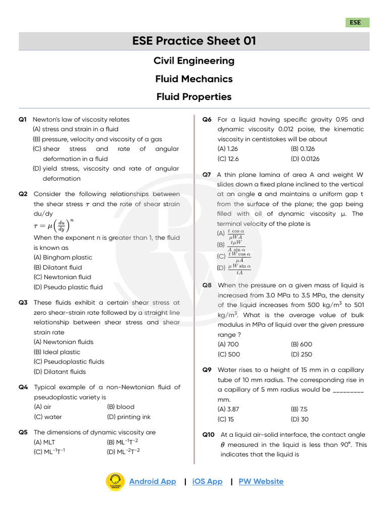 Fluid Properties - Practice Sheet 01 | PDF | Viscosity | Fluid