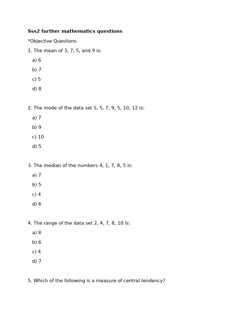 SSS2 Further Mathematics Questions | PDF | Mean | Mode (Statistics)