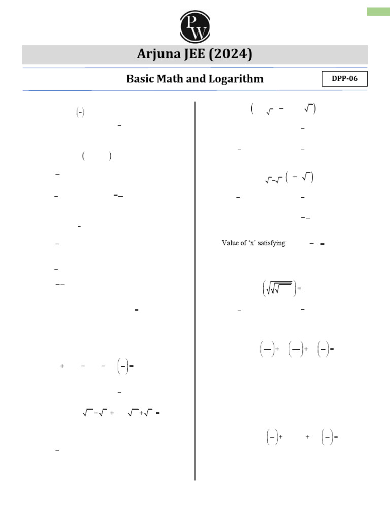 Basic Math & Logarithm - DPP 06 (Of Lec 09) - Arjuna JEE 2024 | PDF | Mathematical Analysis ...