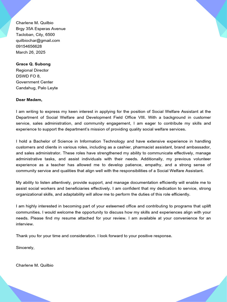 Application Letter For DSWD | PDF