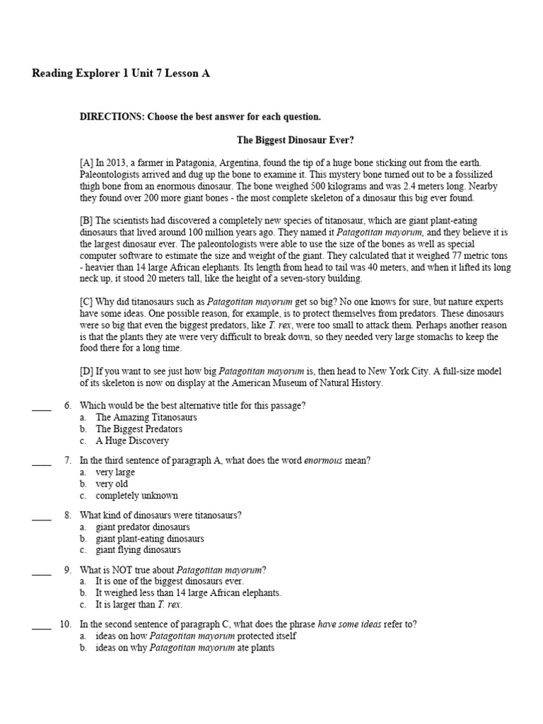 Reading Explorer 1 Unit 7 Lesson A | PDF | Dinosaurs | Tyrannosaurus