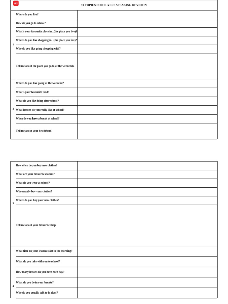 10 Topics For Flyers Speaking Skills | PDF | Workweek And Weekend