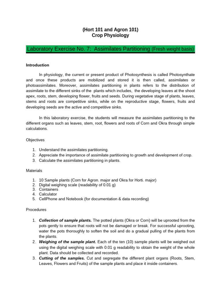 Laboratory Exercise 7 - Assimilates Partitioning | PDF | Plants | Leaf