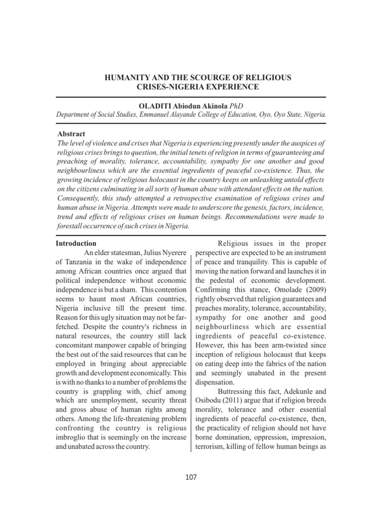 HUMANITY AND THE SCOURGE OF RELIGIOUS CRISES-NIGERIA EXPERIENCE ...