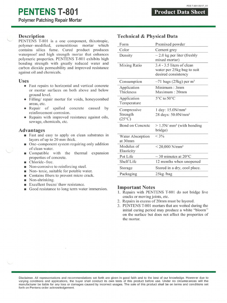 Pentens T-801 Product Data Sheet | PDF