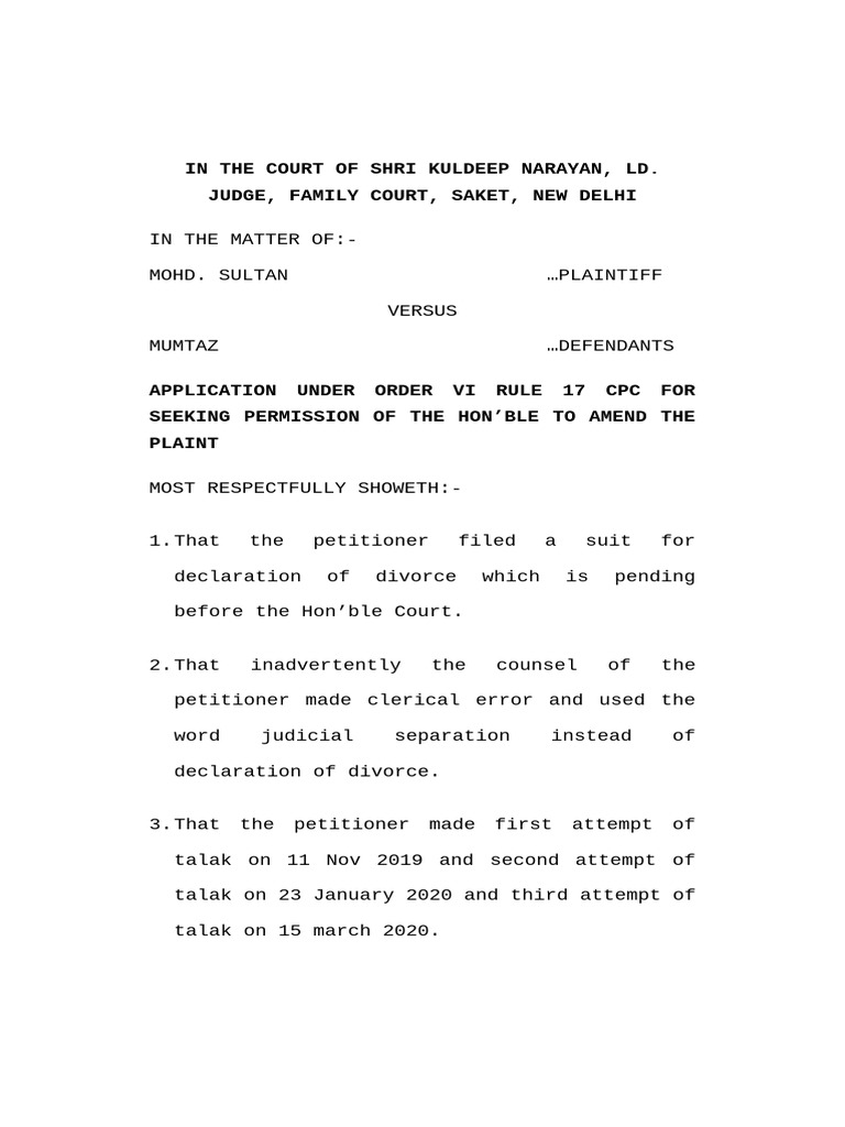 Application Under Order Vi Rule 17 CPC For Seeking Permission of The ...