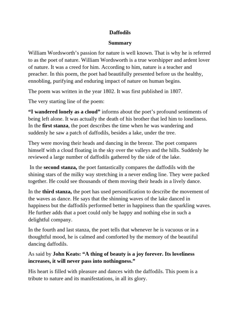 Summary of Wordsworth's Daffodils | PDF