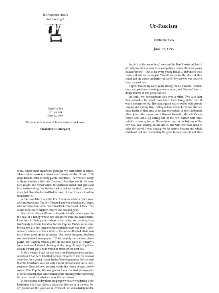 Ur-Fascism by Umberto Eco | PDF | Fascism | Benito Mussolini