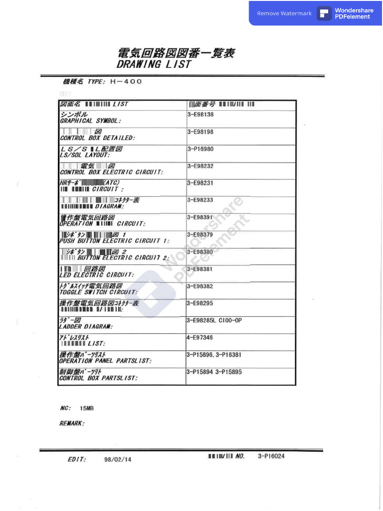 Kitamura H400 Drawing List | PDF