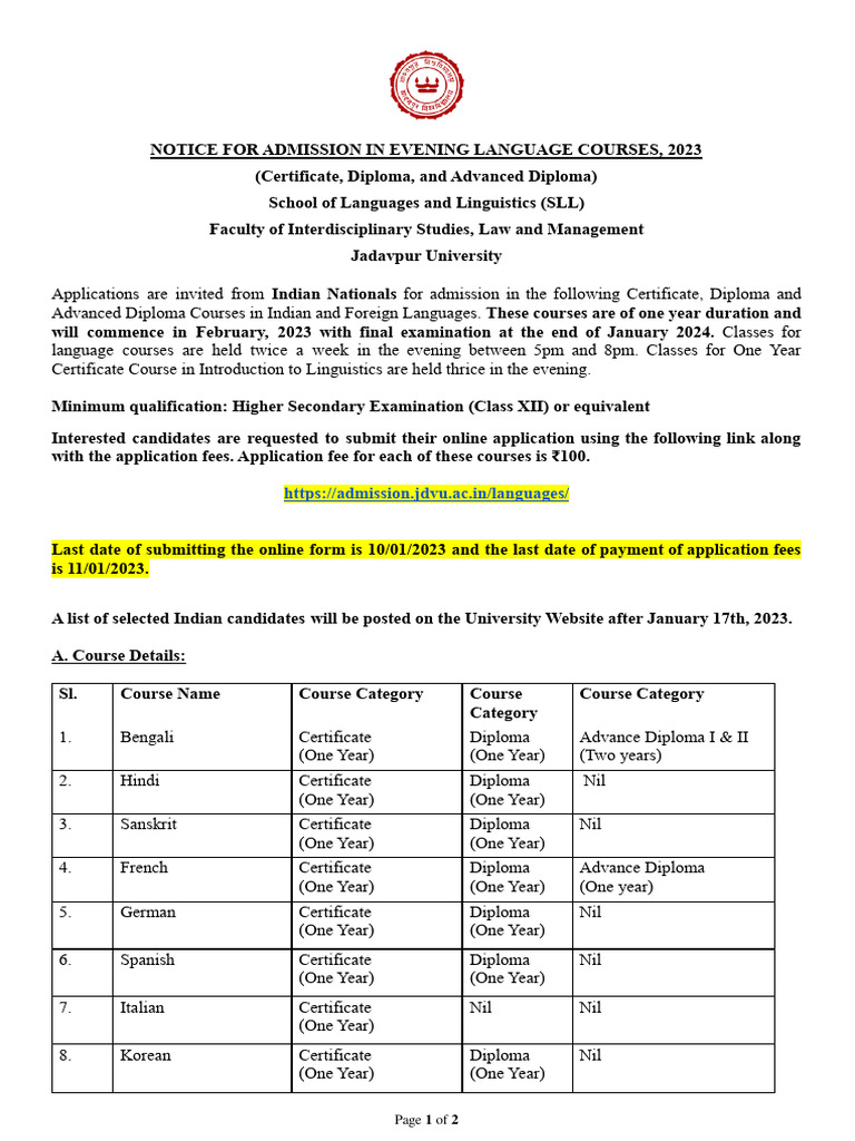 Admission Notice Language Courses Indian | PDF | Diploma | Vocational ...