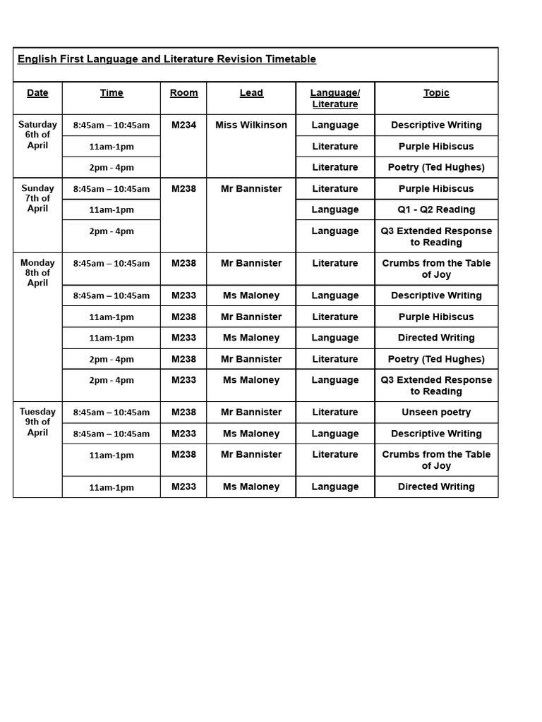 English First Language and Literature Revision Timetable | PDF