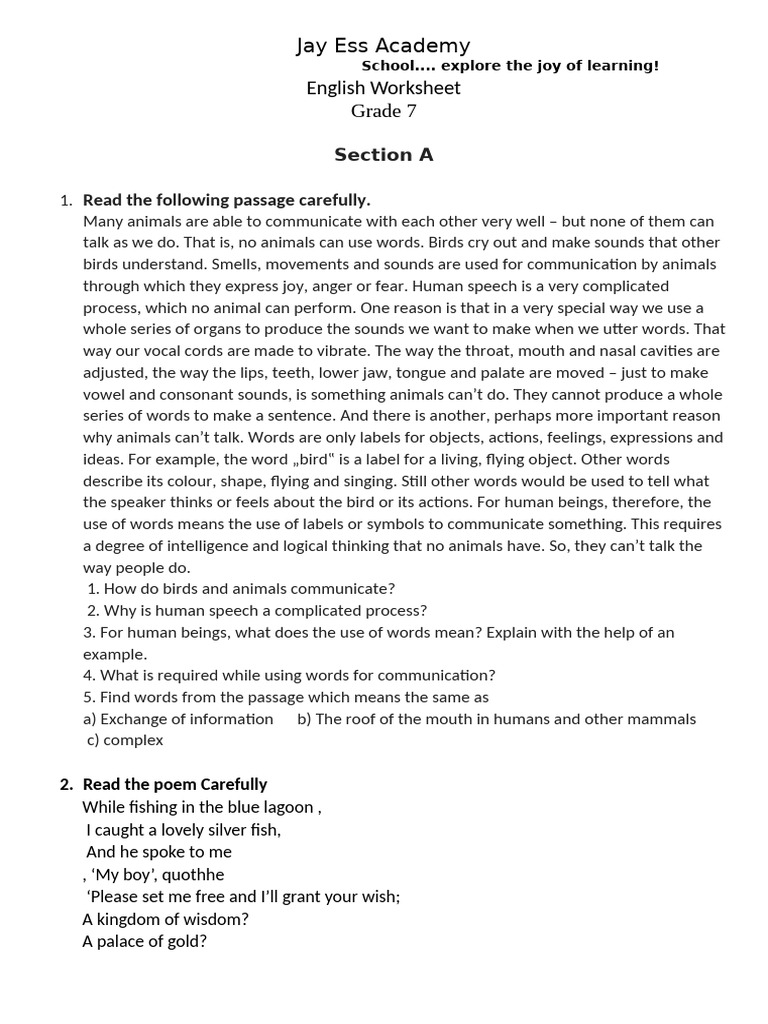 Class 7 English SA 1 Worksheet | PDF | Cost Of Living | Linguistics
