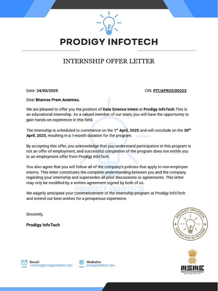 Prodigy InfoTech Internship Offer | PDF