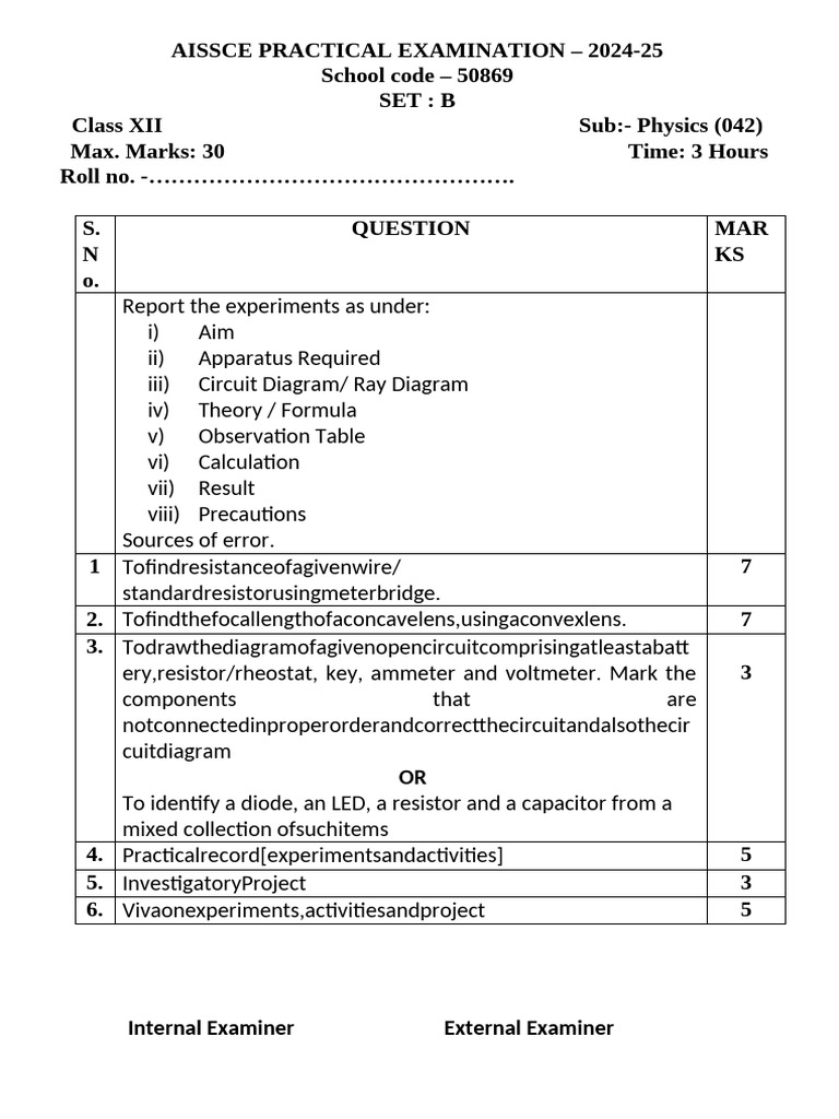 Aissce Practical Examination Physics Paper Set - B | PDF